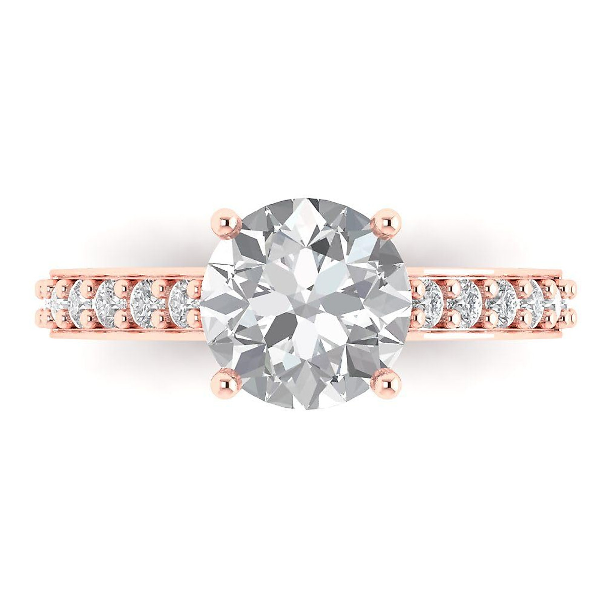 2.18 Ct Brilliant Round Cut Clear Simulated Diamond 14K Rose Gold Solitaire with Accents Statement Ring Size 7.25