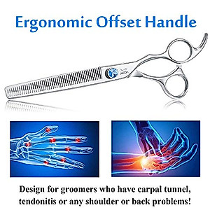 JASON 7" 50 Teeth Thinning Dog Grooming Blending Scissor, Ergonomic Pet Grooming Thinner Blender Shears Cat Trimming Texturizing Kit with Offset Handle and a Jewelled Screw, 30% Thinning Rate