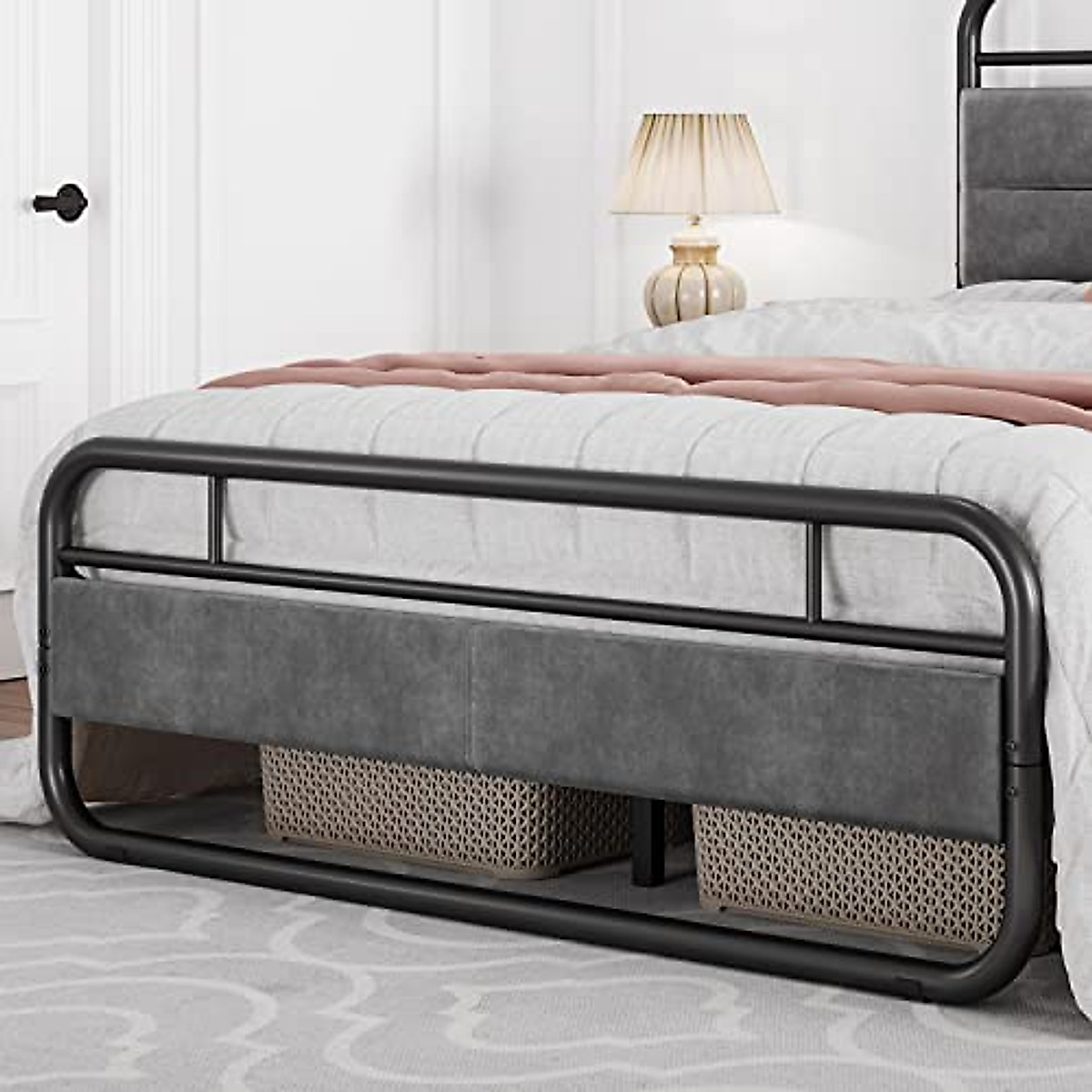 Yaheetech Queen Size Bed Frame, Heavy Duty Metal Platform Bed with Curved Upholstered Headboard, 8.7 Inch Under-Bed Storage/Steel Slat Support/Noise Free/No Box Spring Needed/Easy Assembly/Dark Grey