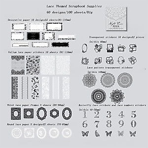 MOLNESO Black Lace Stickers 100PCS, Scrapbook Supplies Lace Paper Frames Die Cuts, Gothic Decorations for Journal Photo Album Scrapbooking Craft Set