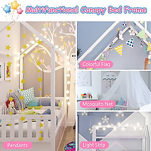 HZANHY Twin House Bed for Kids, Montessori Floor Bed with Rails, Metal Floor Bed Frame for Boys Girls Toddlers, Playhouse Bed with Roof, Twin Kids Bed Floor Bed with Post Foot Pads for Teen