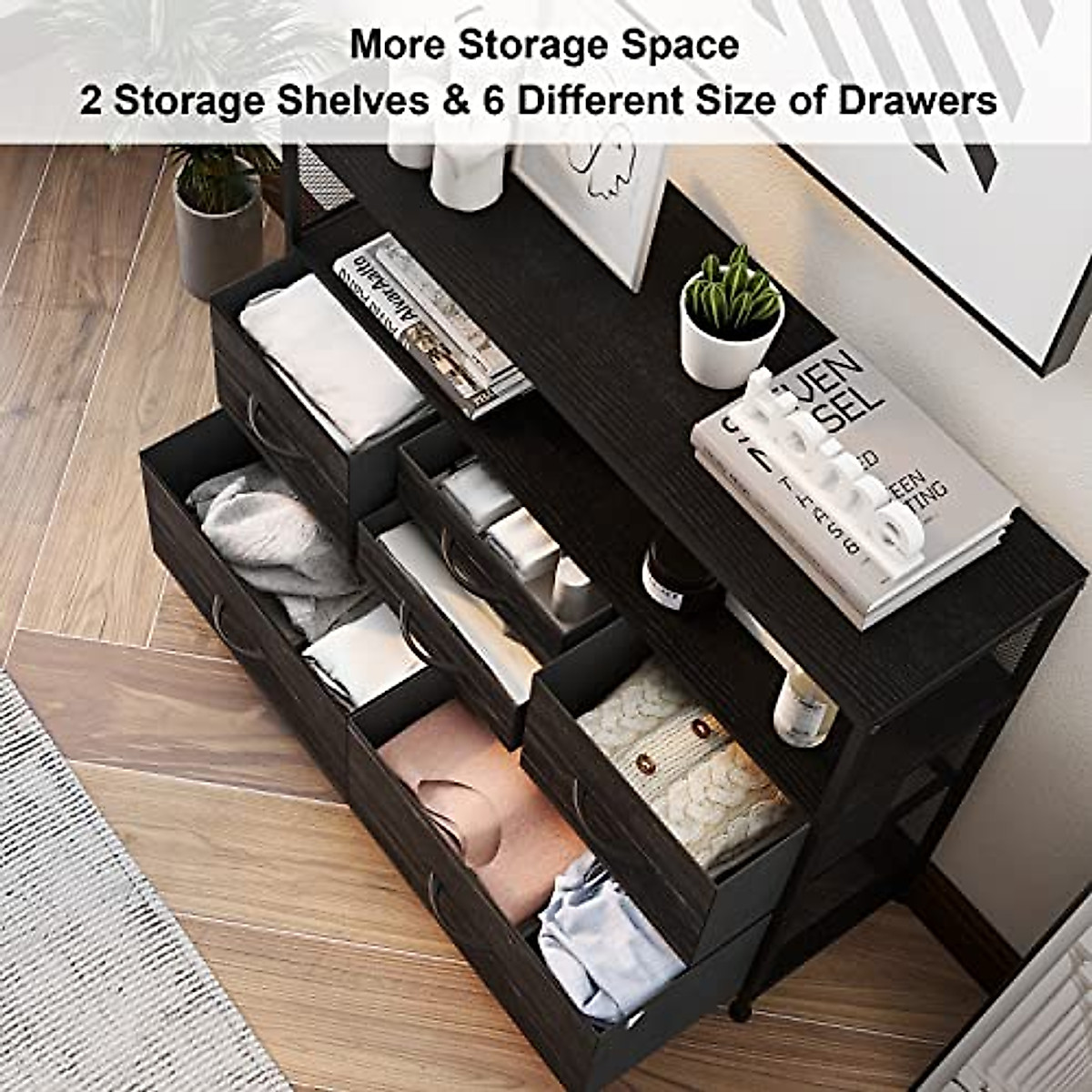 Simoretus TV Stand with Power Outlet and Fabric Drawers Entertainment Center for TV up to 45 inch Industrial Open Storage Shelf Media Console Dresser for Living Room Bedroom Charcoal Black