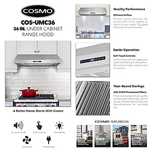 COSMO UMC36 36 in. Ducted Under Cabinet Stainless Steel Range Hood with LED Light, 380 CFM, Permanent Filter, 36 inch