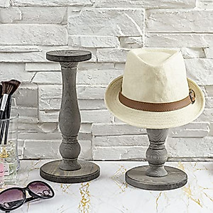 MyGift Weathered Gray Wood Hat Stand, Vintage Design Baseball Cap and Wig Holder Freestanding Tabletop Display Rack, Set of 2
