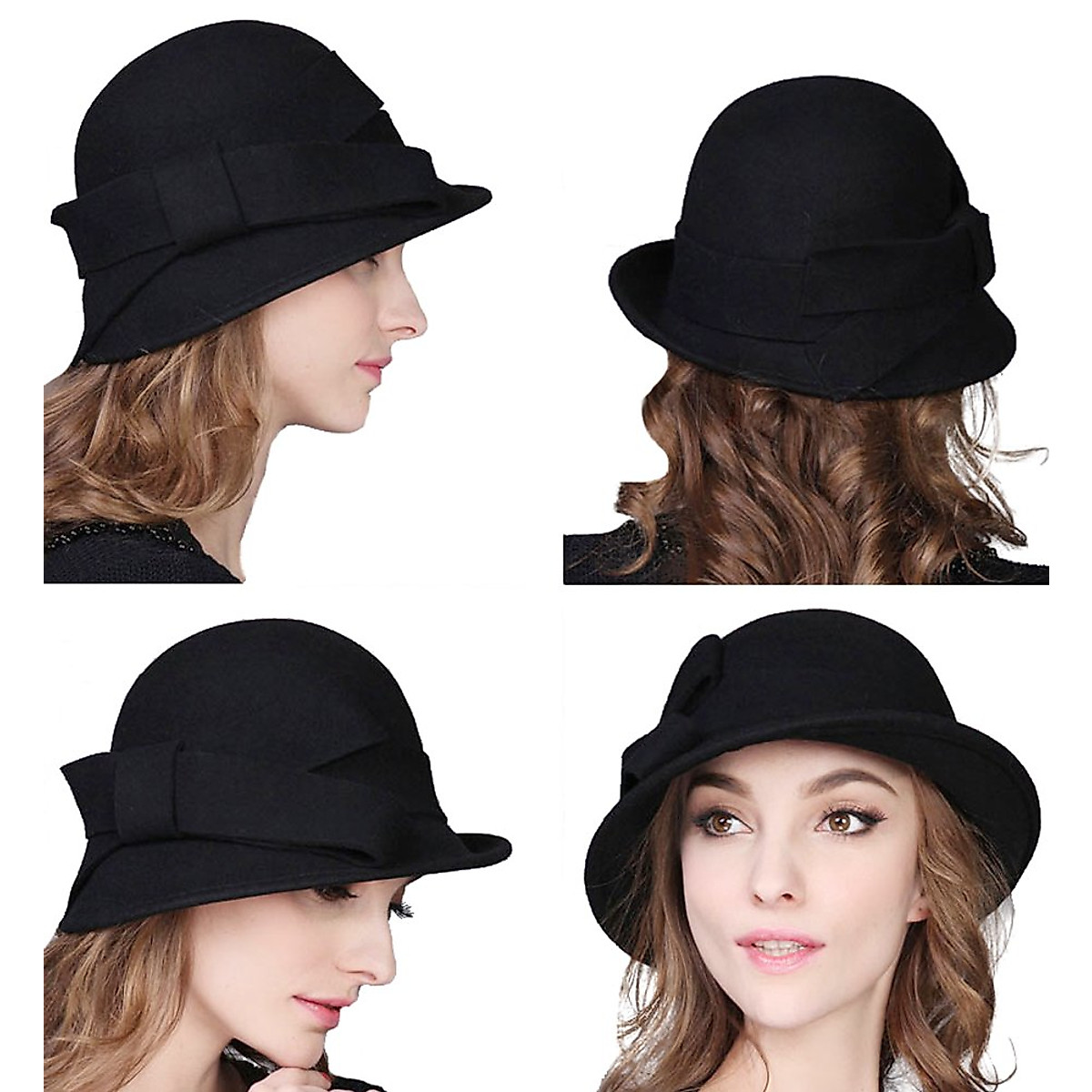 Bellady Women Solid Color Winter Hat 100 percent Wool Cloche Bucket with Bow Accent,Black, One Size