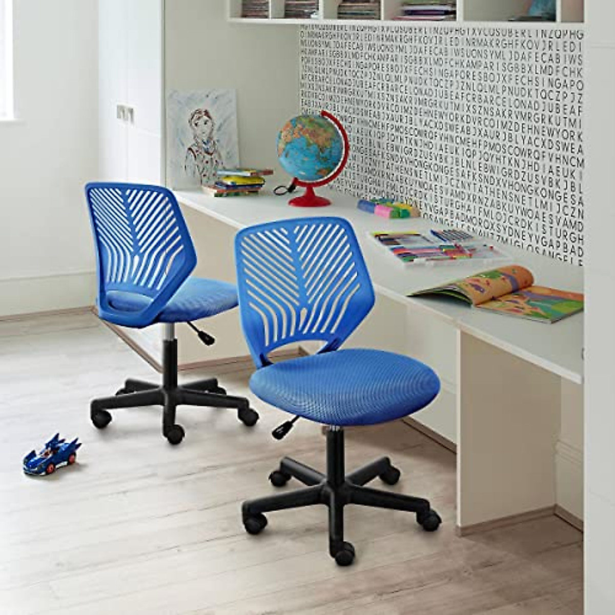 Yaheetech Students Desk Chair Low-Back Armless Study Chair Swivel Task Chair Cute Bedroom Chair with Lumbar Support Adjustable Height for Youth, Blue