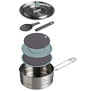 Stanley Wildfare Core Saucepan Cookset | 6-Pc Stainless Steel Cookware | 2qt Saucepan w/Lid, Cutting Board, Trivet & Spoons | Induction Cookware | Camping Essentials