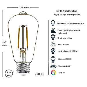 winsaLED 12 Pack 2w LED Edison Bulbs, 25 Watt Light Bulbs Equiv, 2700K Soft Warm with E26 Standard Base, LED ST19 Low Watt Light Bulbs, Not-dimmable, 120V