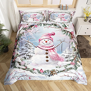 Cute Snowman Duvet Cover Queen Size,Pink Scarf Hat Comforter Cover with 2 Pillowcase for Teens Adults,Kids Merry Christmas Bedding Set,Pine and Snow Breathable 3 Pcs Decorative Bed Cover(No Comforter)