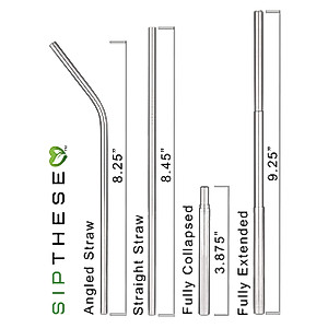 SipThese 8 pc Stainless Steel Straws With Bonus Collapsible Straw. 2 Straw Cleaning Brush, 8 Metal Straws. Stainless Steel Straws With Silicone Tips. 1 Travel Bag. Eco Friendly Reusable Straws