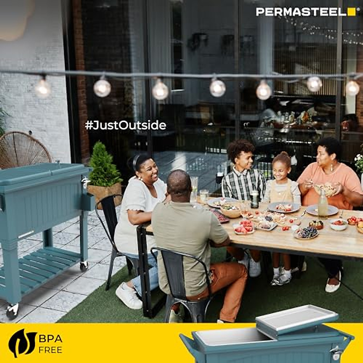 Permasteel 80-Qt Antique Patio Cooler for Outside | Outdoor Beverage Cooler Bar Cart, Rolling Cooler with Wheels and Handles, Wooden Teak Accent, Teal Blue-Green