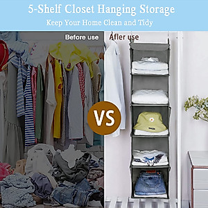 BSFHH Hanging Closet Organizer, 5-Shelf Closet Hanging Storage with 6 Side Pockets,Collapsible Hanging Shelves for Closet Oxford Cloth 10.4" W x 11.8" L x 51.6" H (Grey, 1 Pack)