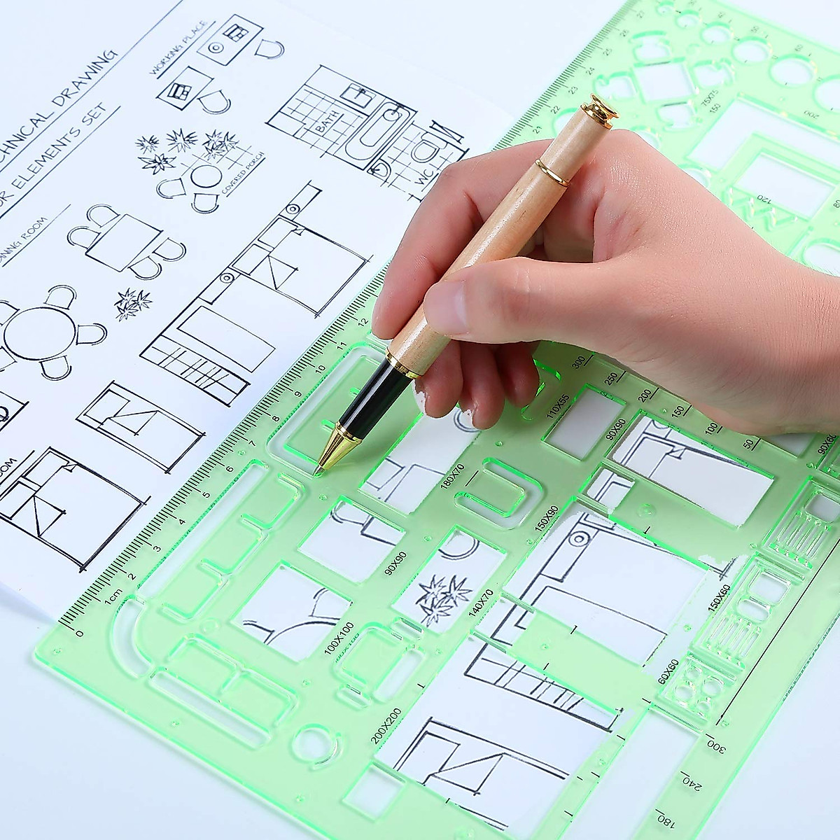 ipxead 11 Piece Geometric Drawing Template Measuring Ruler, Transparent Green Plastic Ruler with Portable Plastic Bag for, for Studying, Designing and Building