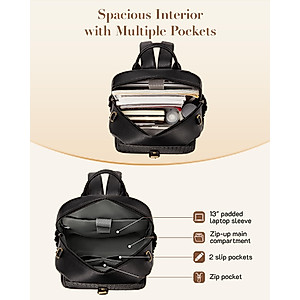 Missnine Leather Backpack Purse for Women, Anti-theft Backpack, Convertible Shoulder Bag with Secured Zippers for Travel Work, Black