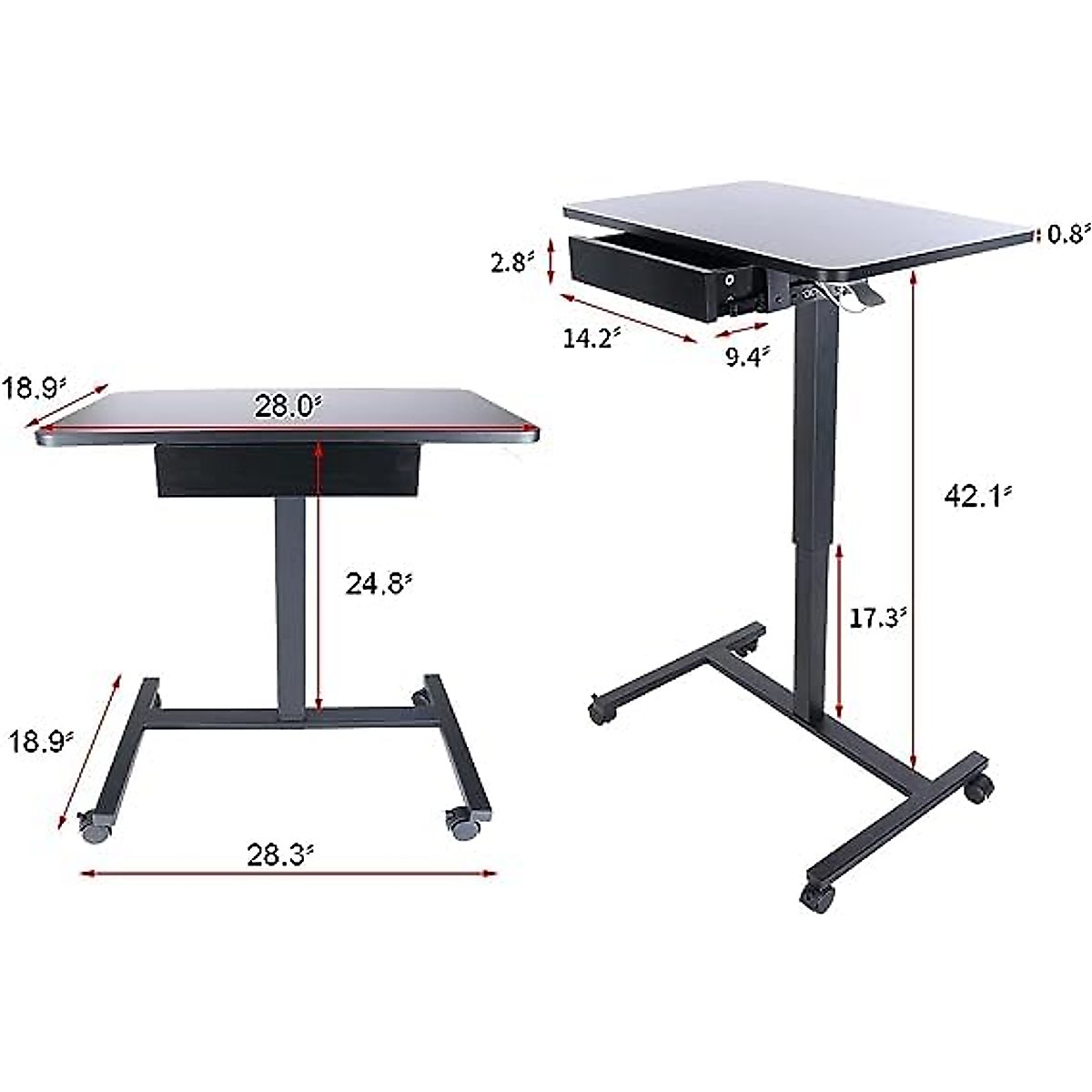 CLATINA Mobile Laptop Desk Adjustable Height Standing Desk Adjust from 30'' to 45.7'' Rolling Cart Ergonomic Table with Drawer