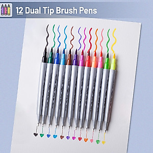 Mr. Pen- Dual Tip Brush Pens, 12 Colors, Brush Pens, Brush Markers, Dual Brush Pens, Markers for Kids Adults Coloring, Art Markers for Adults, Dual Tip Markers.