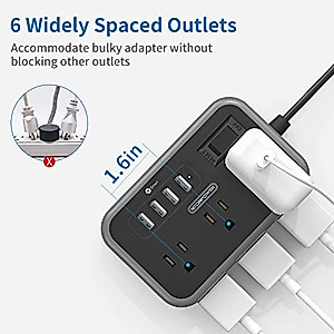 Flat Plug Extension Cord 15 Ft, NTONPOWER 6 Widely Spaced Outlet(2 Side) Power Strip with 4 USB Ports, Wall Mount Charging Station, Overload Protection for Home Office, Dorm Room and Nightstand-Black…