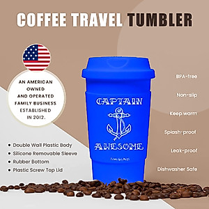 Funny Guy Mugs Captain Awesome Travel Tumbler With Removable Insulated Silicone Sleeve, Blue, 16-Ounce