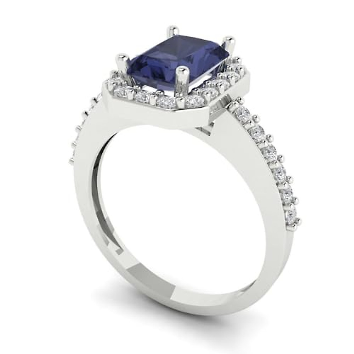 Clara Pucci 2.07 ct Emerald Cut Solitaire Halo Simulated Blue Sapphire Engagement Promise Anniversary Bridal Ring 18K White Gold 4.75
