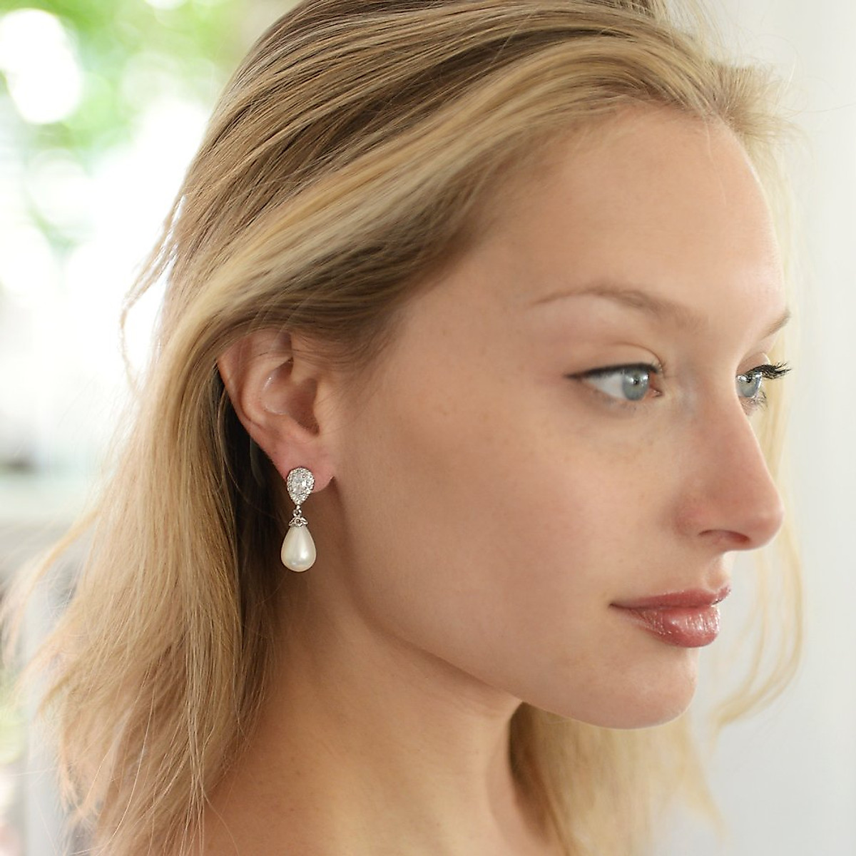 Mariell Pearl Bridal Wedding Clip-On Earrings for Bride, Pearl and CZ Non-Pierced Drop Bridal Earring