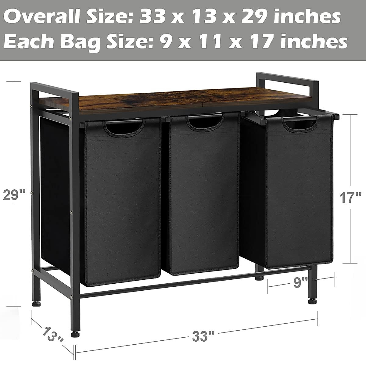 Whoonba Large Laundry Hamper Sorter with 3 Removable & Pull-Out Sorting Bags, Wooden Top Shelf, Versatile Laundry Basket Organizer for Laundry Room, Bathroom, Dorm, 8 * 3 Gal, Black
