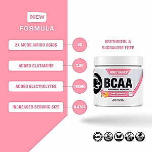 Honey Badger BCAA + EAA Amino Acids Electrolytes Powder, BCAAs + L-Glutamine, Keto, Vegan, Sugar Free for Men & Women, Hydration & Post Workout Muscle Recovery Drink Mix, Pink Lemonade, 30 Servings