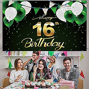 Happy 16th Birthday Black Banner Backdrop Background Photo Booth Props Green White Balloons Theme Decor for Sixteenth Year Anniversary 16 years Old Birthday Party Favors Supplies Decorations