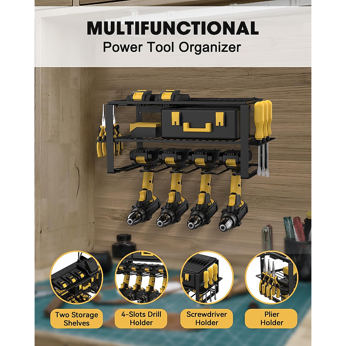 Wall Mount Power Tool Organizer and Charging Station - 6 AC Outlets, 3 Layers for Drills, Great as Heavy Duty Garage Tool Rack