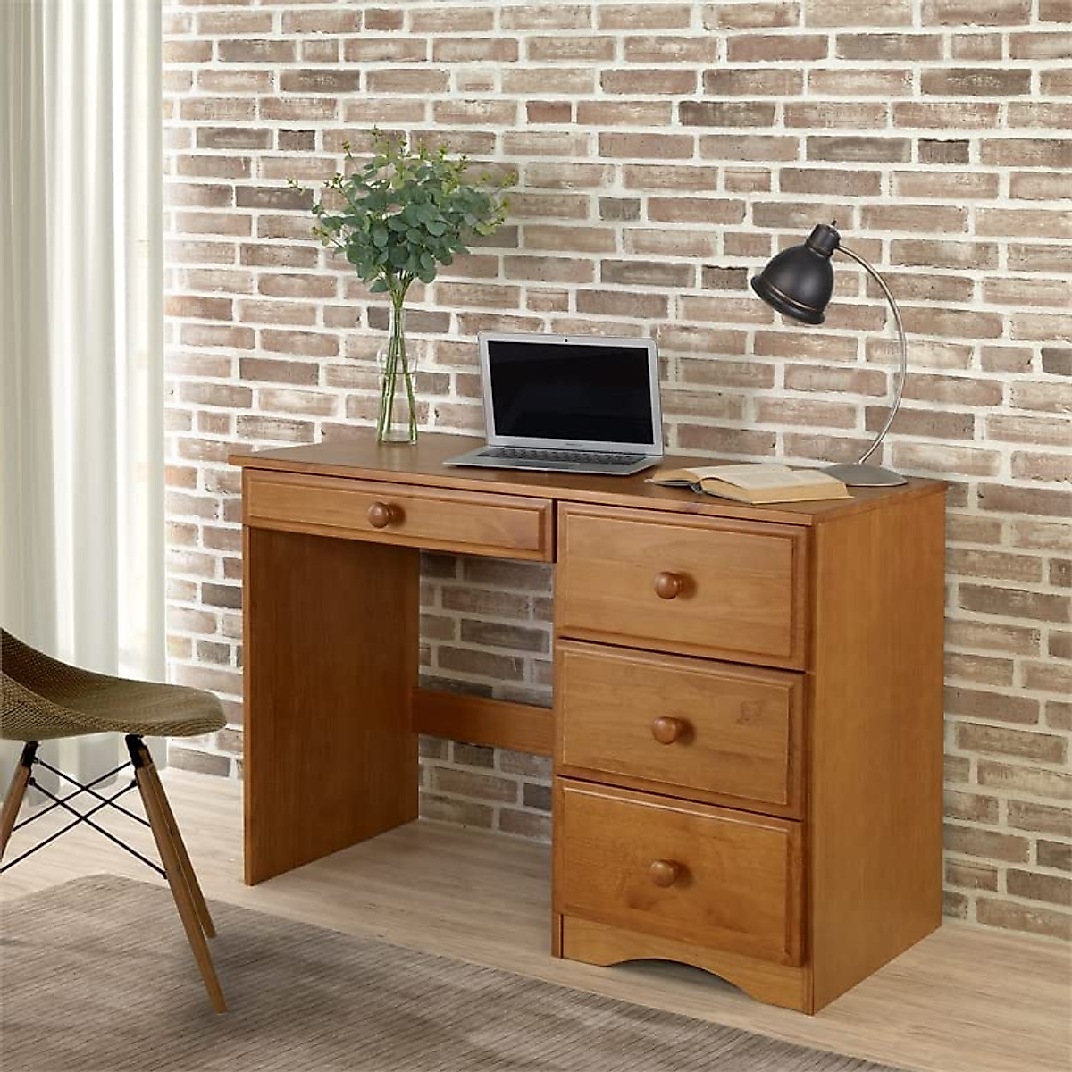 Essentials Writing Desk / 43.5"W / Study Writing Table for Home Office / Solid Wood / Natural Variations of Wood Grains / 4 Drawers, Castanho Brown