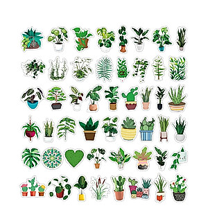 50 Pieces of Garden Potted Green Plant Stickers Kettle Envelope Greeting Card Desk Bedroom Refrigerator Laptop Diary Gift Box Home School Craft Decoration Waterproof Sticker