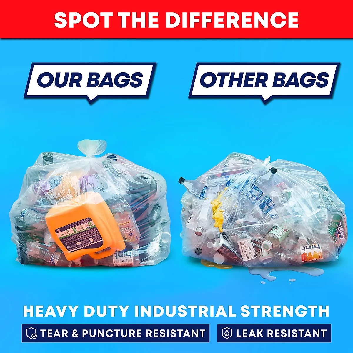 55 Gallon Clear Trash Bags, (50 Bags w/Ties) Large Clear Plastic Recycling Garbage Bags