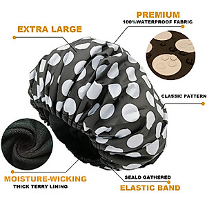 Aunllke Terry Cloth Lined Shower Cap for Women Large Double Layer Shower Cap with Microfiber Dry Hair Function Resuable Waterproof Breathable Bath Cap Black&White Dots Design