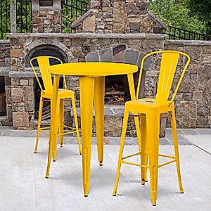 Flash Furniture Commercial Grade 30" Round Yellow Metal Indoor-Outdoor Bar Table Set with 2 Cafe Stools