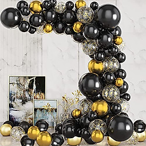 Black and Gold Balloon Garland Kit, 90Pcs Black and Gold Confetti Balloons Party Decorations 4 Sizes Black Gold Latex Party Balloons for Birthday Decorations, New Years, Wedding, Graduation
