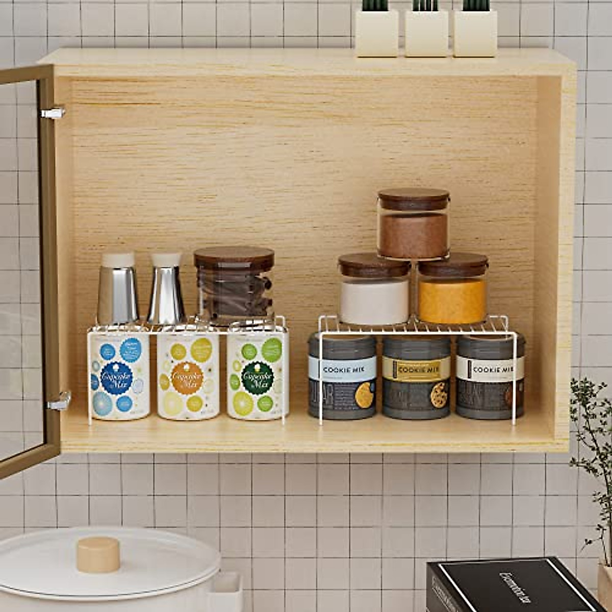 GEDLIRE Mini Kitchen Cabinet Shelf Organizers Set of 4, Small White Wire Storage Shelves Rack for Pantry, Metal Dish Plate Organizer Rack for Cabinet, Cupboard, Kitchen Organizers and Storage