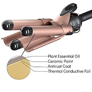 WIZCHARK 1 Inch Triple Barrels Waver, 25mm 3 Barrel Curling Iron Wand, Ceramic Dual Voltage Hair Crimper W/LED Temperature Display, 30 Mins Auto Switch-Off Curler, Deep Beach Waver (Rose,Black)