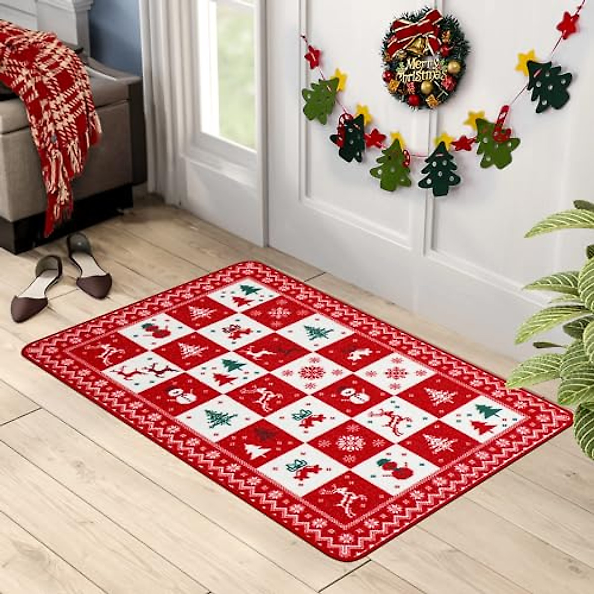 BEIMO Red Area Rug 2x3 Christmas Rug Entryway Kitchen Rug Snowflake Doormat Holiday Decor Print Plaid Floor Cover Bathroom Mat Non Slip Low Pile White Living Room Bedroom Carpet with Gripper
