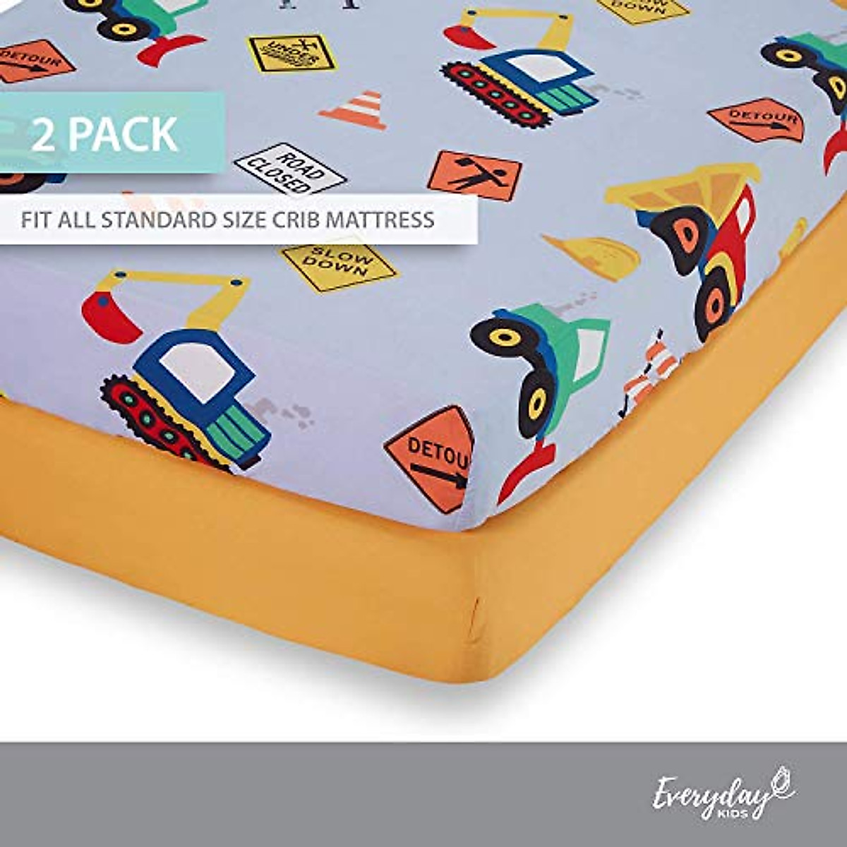 Everyday Kids 2 Pack Fitted Boys Crib Sheet, 100% Soft Breathable Microfiber Baby Sheet, Fits Standard Size Crib Mattress 28in x 52in, Nursery Sheet - Construction/Gold