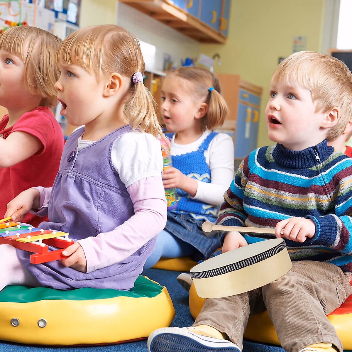 DAJAVE 4 Pack Hand Drums with Drum Stick 4Inch 6 Inch 8 Inch 10 Inch, Percussion Wood Frame Drum with 4 Sticks, Musical Instruments for Drums Beginners for Home School Party Supplies