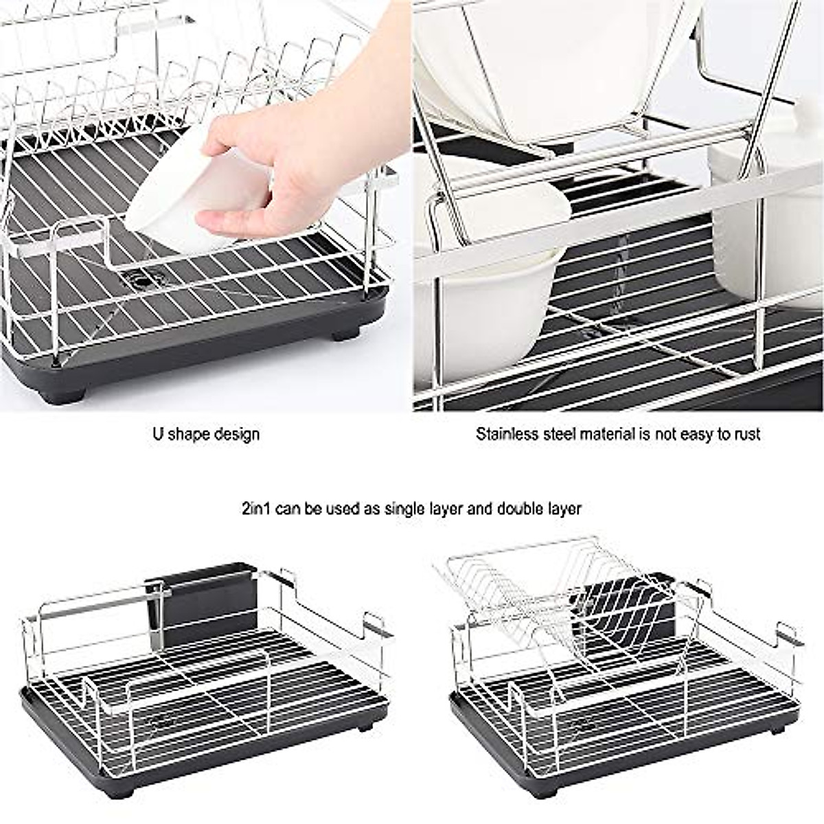 Dish Drying Rack, Small Dish Rack with Utensil Holder, Wine Glasses Holder, Compact Dish Drainer for Kitchen Counter Cabinet