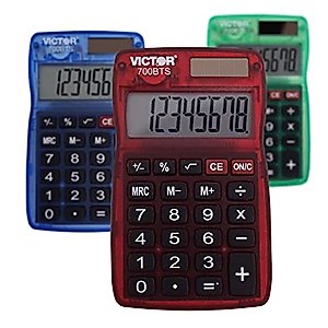 Victor 700BTS 8-Digit Pocket Calculator in Assorted Bright Colors, Battery and Solar Hybrid Powered LCD Display, Great for Students and Kids, Color Varies (Red, Green, Blue)