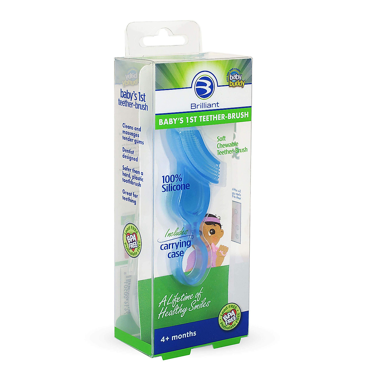 Brilliant Oral Care Baby’s First Toothbrush, Smooth Silicone Bristles Gently Clean Tender Teeth and Gums, with Storage Case, for Ages 4+ Months, Blue, 1 Pack