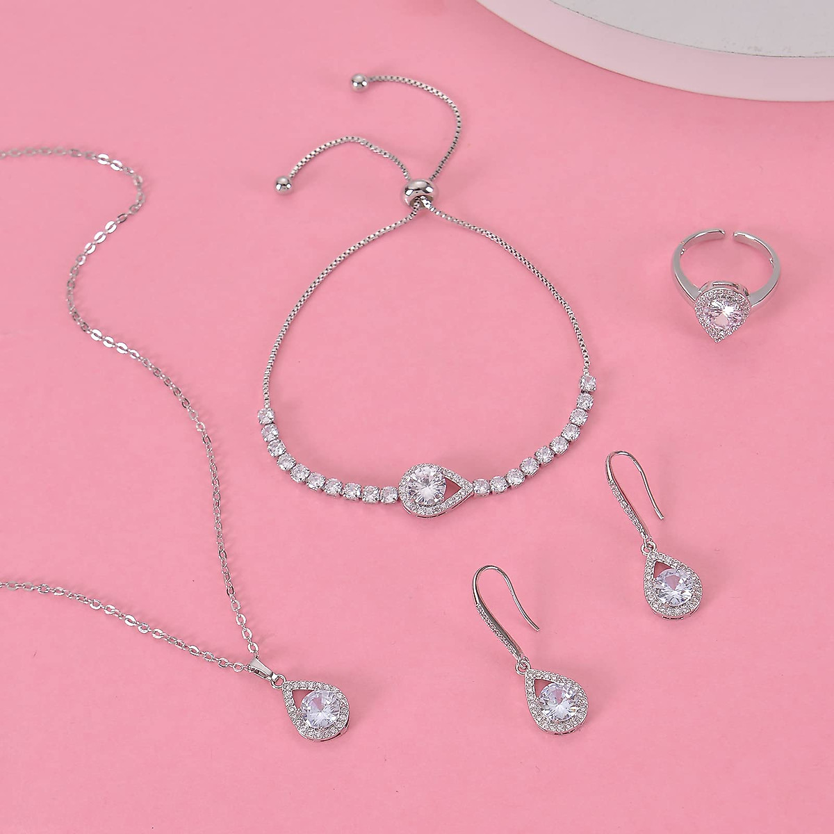 DHQH 4PCS Wedding Jewelry for Bridesmaid Cubic Zirconia Teardrop Necklace Earrings Bracelet Ring Set Bridesmaid Jewelry Set for Women Party Jewelry Gifts