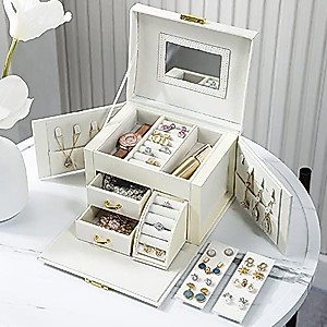DREAM&GLAMOUR Jewelry Boxes for Women,3 Layer PU Leather Jewelry Organizer Box with Mirror and Lock.Medium Sized Portable Travel Jewelry case for Earrings Bracelets Rings Necklace-Milk White