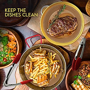 100Pcs Air Fryer Disposable Paper Liners, Free 7" Tongs. Non-Stick, Water Proof Air Fryer Paper Liners. Easy clean up. Roasting, Baking, Steaming. Air Fryer Parchment Paper for Air Fryers Fit 3.5-6Qt