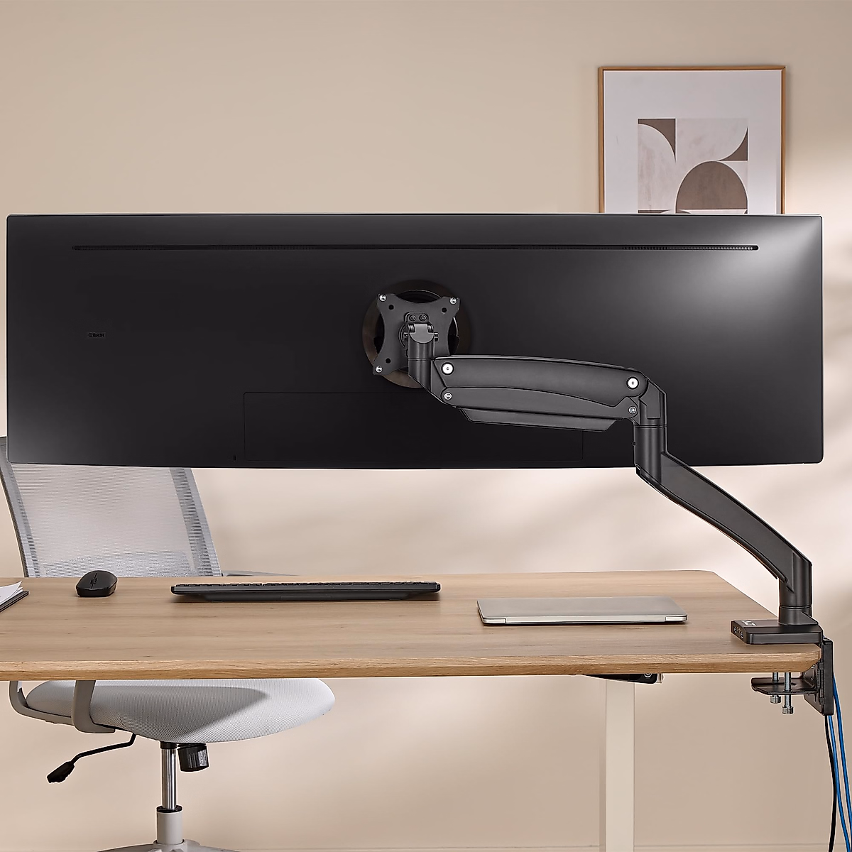 AVLT Single 17"-49" Super Ultrawide Monitor Arm for Screens Up to 50 lbs, Premium Aluminum Desk Stand, Adjustable Pneumatic Height, Full Motion Swivel Tilt Rotation, USB 3.0 & AUX Ports, Black