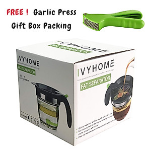 IVYHOME 4 Cups Plastic Fat Separator with Bottom Release, Gravy Grease Separator, Soup Oil Separator Measuring Cup, including a Garlic Press for FREE