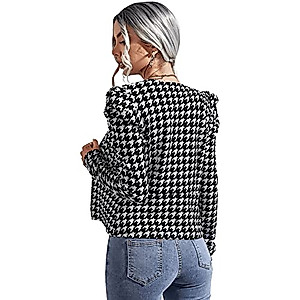 SweatyRocks Women's Casual Houndstooth Blazer Long Puff Sleeve Open Front Jacket Black White M