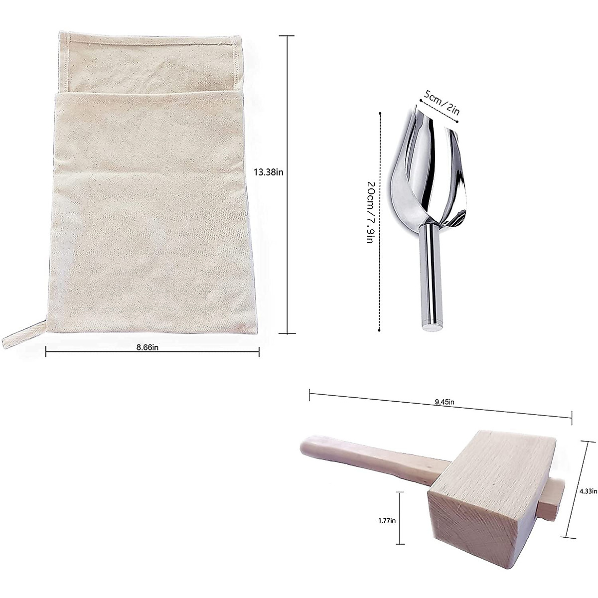 Lewis Bag and Wooden Mallet Crusher, Reusable Canvas Crushed Ice Bags,Wooden Mallet Bar, Steel Ice Scoop, for Summer Bartender Kit & Bar Tools Kitchen Accessory