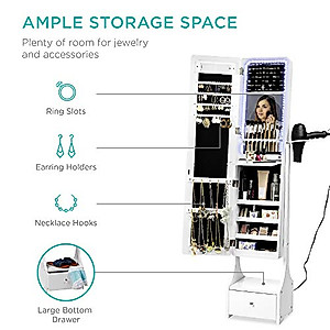 Best Choice Products Standing Full Length LED Mirror Jewelry Makeup Storage Organizer Cabinet Armoire w/Lights, Touchscreen, Pop-Up Shelf, Velvet Lining, 4 Compartments, Drawer - White